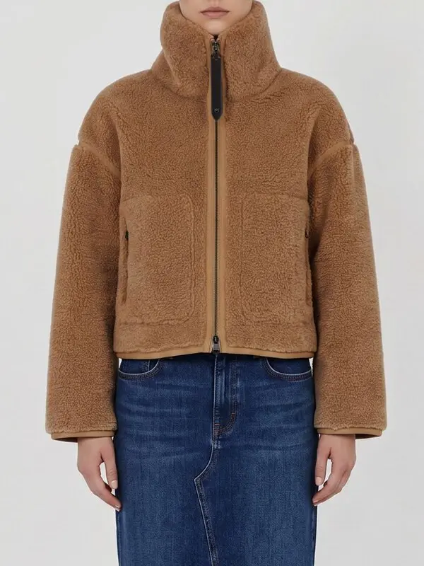 Pinko Faux Fur Jacket With Contrast Trims And Zip Closure - Beige