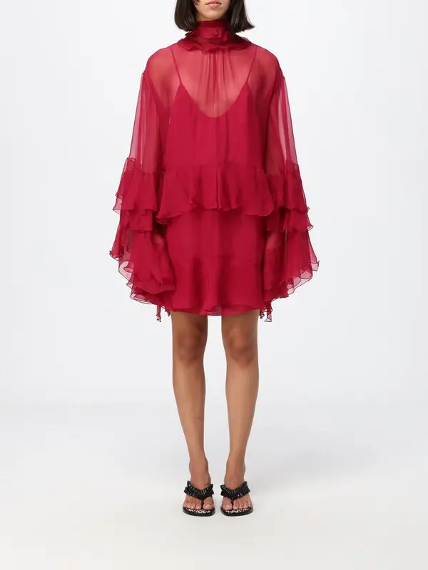 Chloé High-neck Silk Mini Dress With Long Sleeves And Ruffle Details