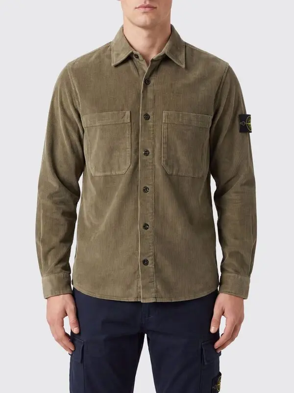 Stone Island Slim Fit Corduroy Shirt With Applied Compass Logo - Military