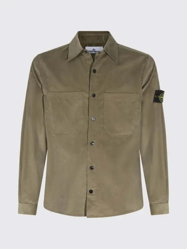 Stone Island Slim Fit Corduroy Shirt With Applied Compass Logo - Military