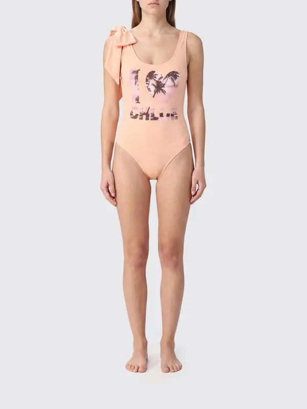 Chloé One-piece Swimsuit With Bow Detail And Slogan Print - Apricot