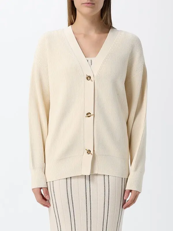 Elisabetta Franchi V-neck Viscose Blend Cardigan With Dropped Shoulders And Hook-and-eye Closure - Butter