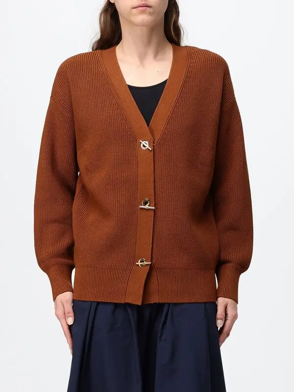 Elisabetta Franchi V-neck Viscose Blend Cardigan With Dropped Shoulders And Hook-and-eye Closure - Earth