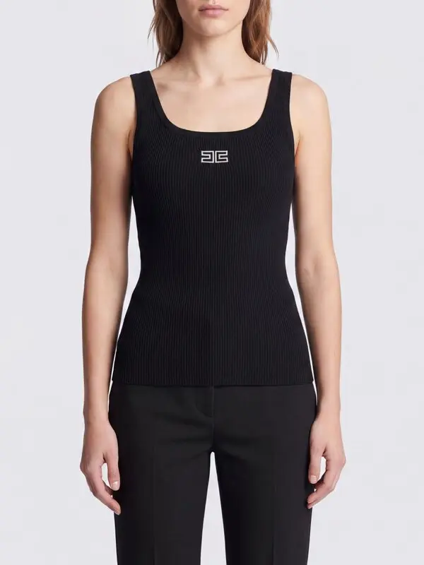 Elisabetta Franchi Slim Fit Wool Knit Top With Embroidered Logo - Black