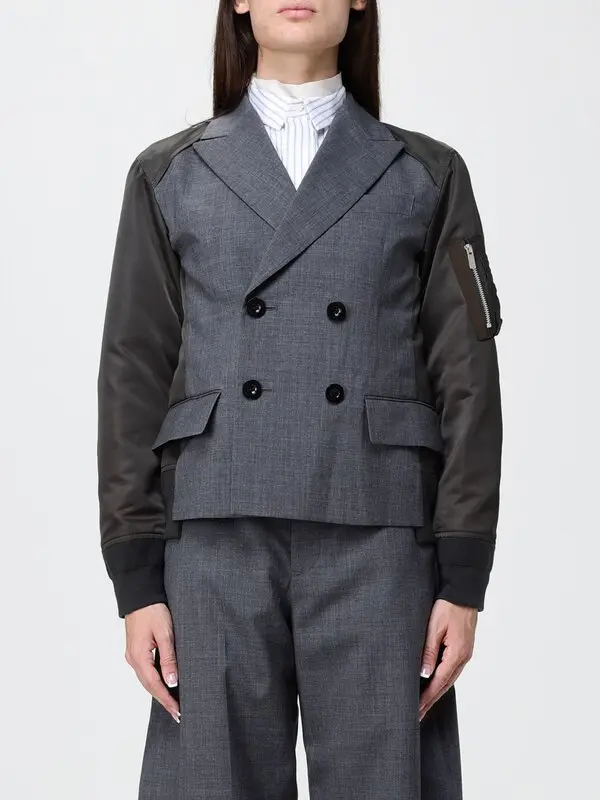 Sacai Slim Fit Double-breasted Short Coat In Wool With Nylon Inserts - Grey