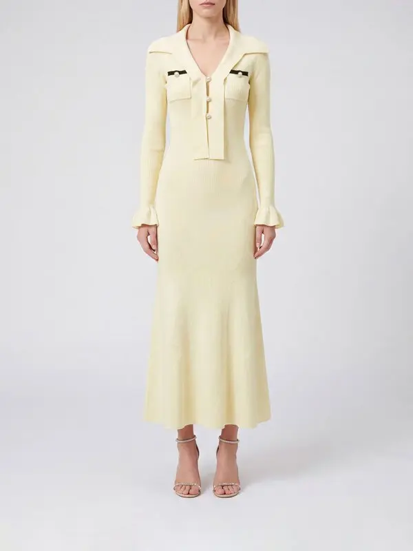 SELF-PORTRAIT Slim Fit Knit Midi Dress With Jewelled Buttons And Shawl Collar