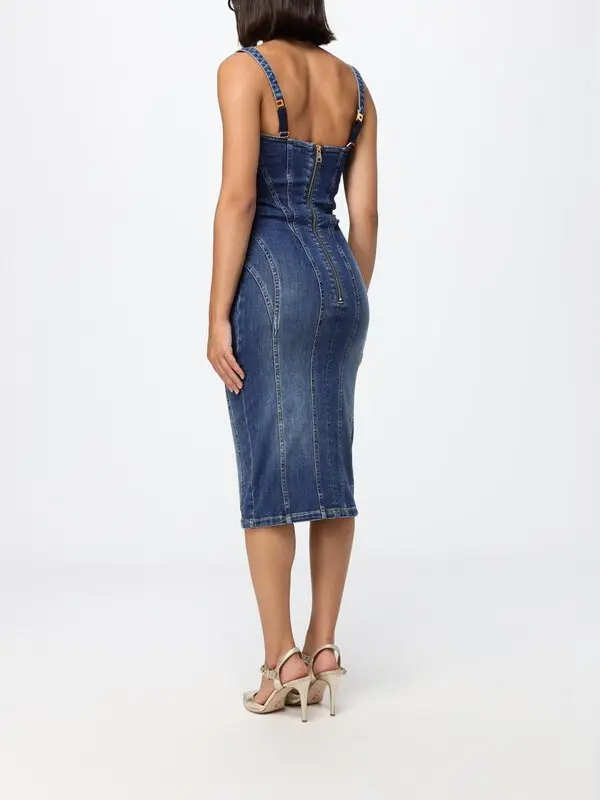 Elisabetta Franchi Midi Sheath Dress In Cotton Denim With Square Neckline