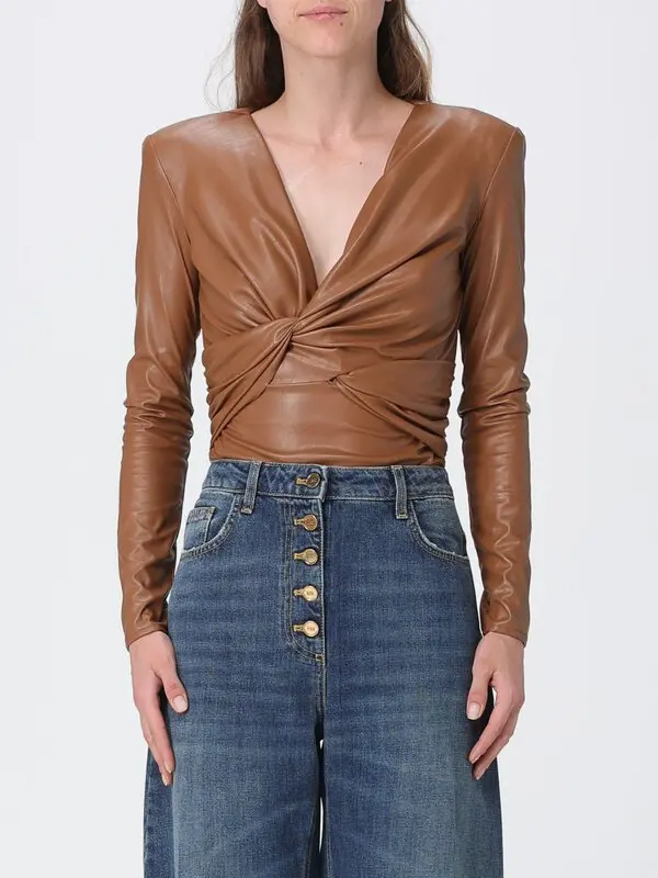 Elisabetta Franchi Faux Leather Twist Front Bodysuit - Brown
