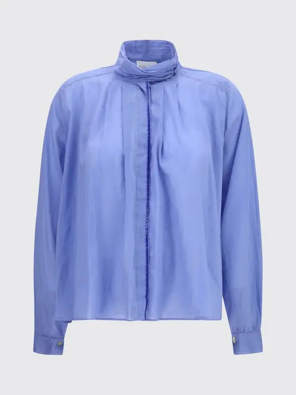 FORTE_FORTE Cotton And Silk Blend High-neck Long-sleeved Shirt - Blue