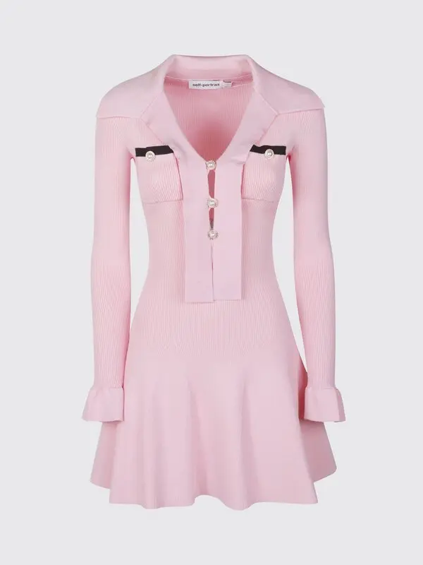 SELF-PORTRAIT Slim Fit Knit Mini Dress With Jewelled Buttons And Shawl Collar