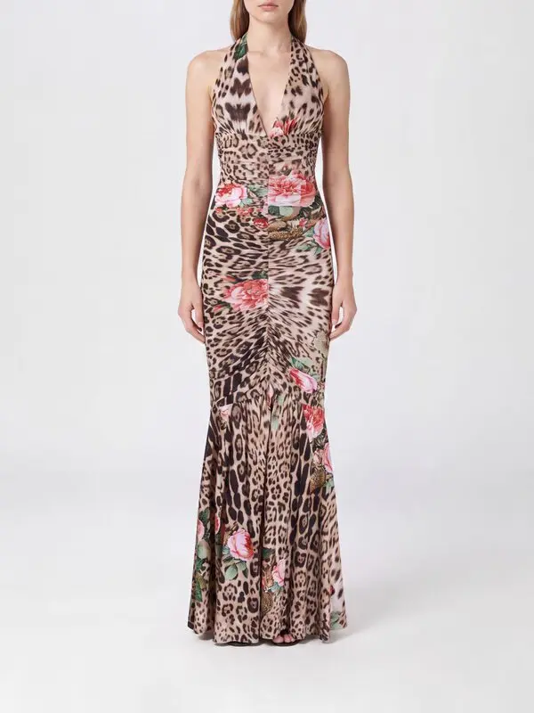 Roberto Cavalli Animal Print Jersey Long Sheath Dress With Halter Neck