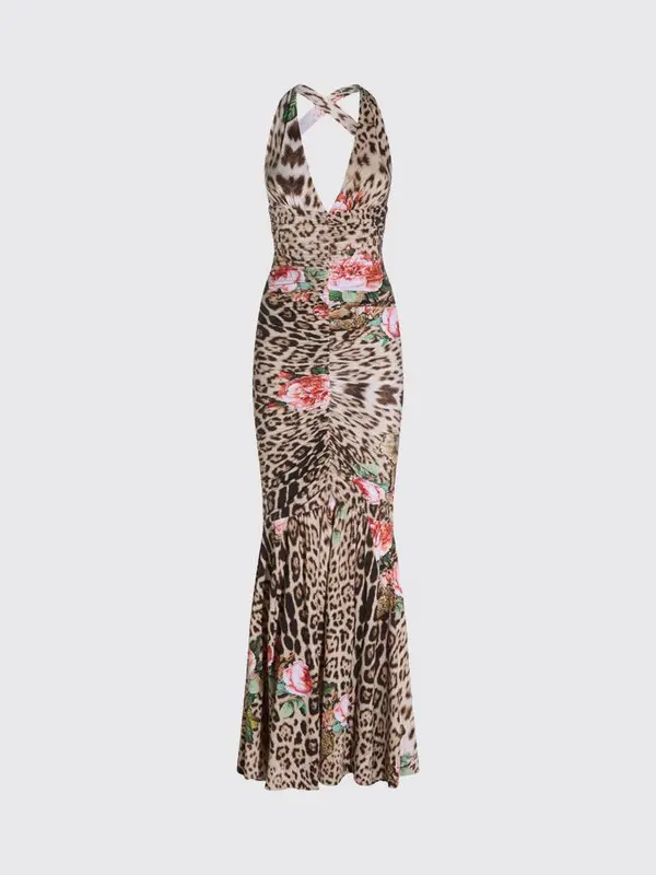 Roberto Cavalli Animal Print Jersey Long Sheath Dress With Halter Neck