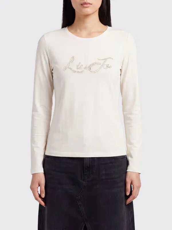 Liu Jo Slim Fit Long-sleeved Cotton T-shirt With Rhinestone Logo - White