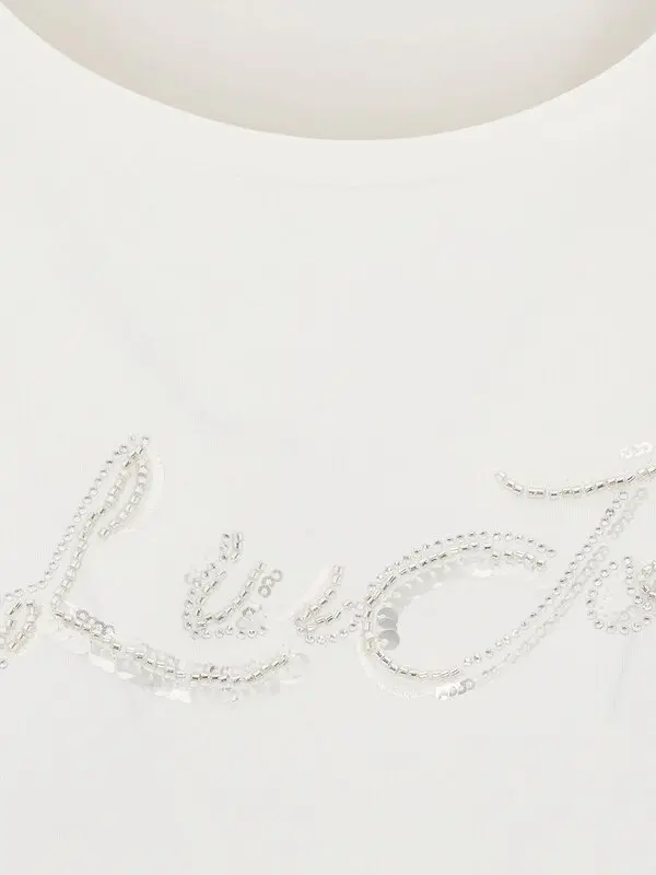 Liu Jo Slim Fit Long-sleeved Cotton T-shirt With Rhinestone Logo - White