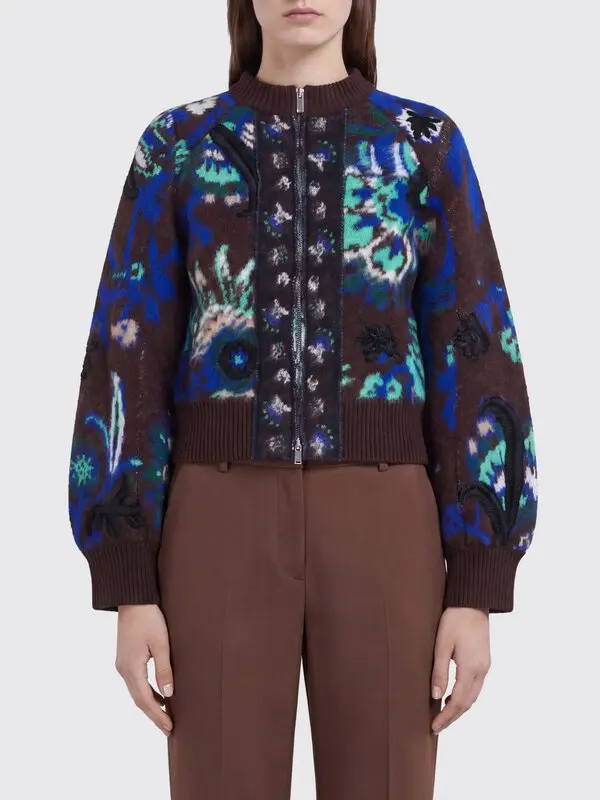 Sacai Wool Bomber Jacket With Balloon Sleeves And Floral Embroidery - Brown