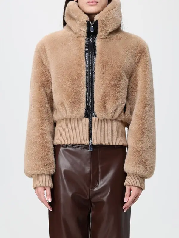 Pinko Faux Fur Zip-up Jacket With High Neck And Elasticated Cuffs - Beige