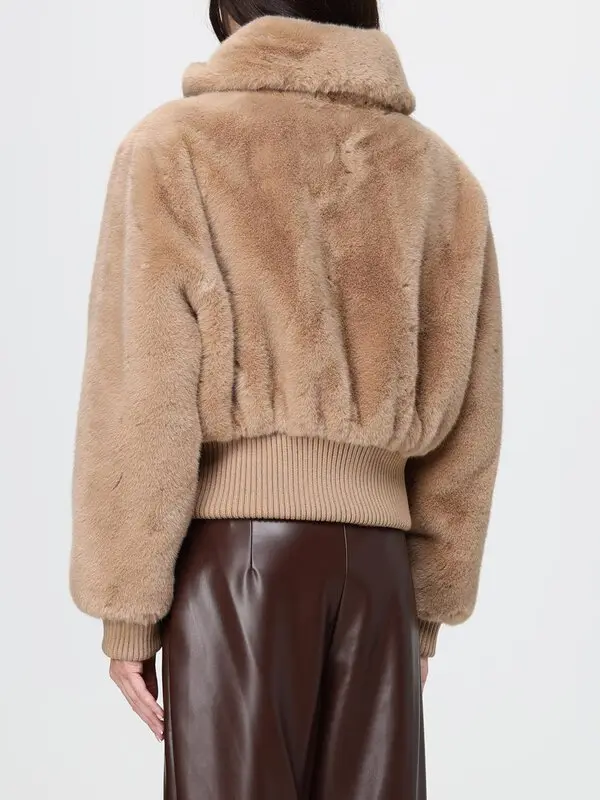 Pinko Faux Fur Zip-up Jacket With High Neck And Elasticated Cuffs - Beige