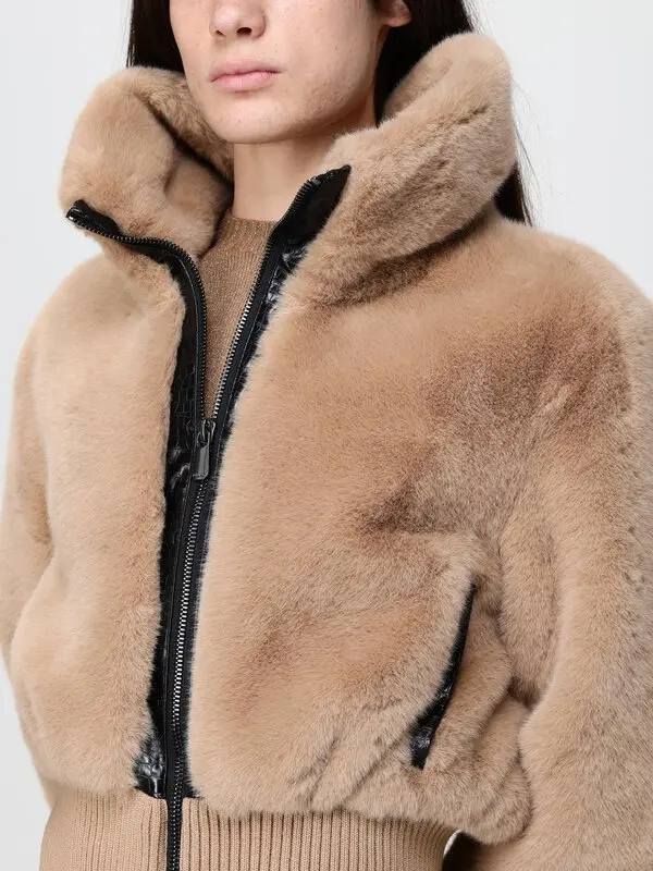 Pinko Faux Fur Zip-up Jacket With High Neck And Elasticated Cuffs - Beige