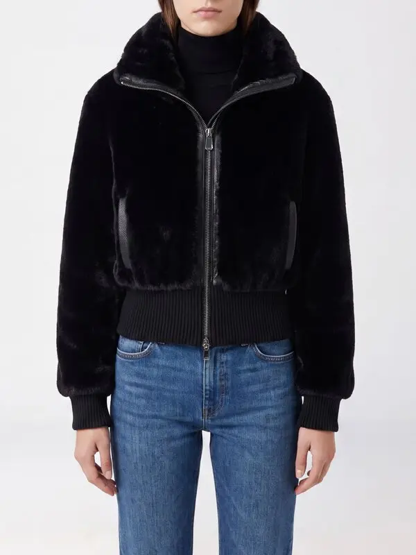 Pinko Faux Fur Zip-up Jacket With High Neck And Elasticated Cuffs - Black