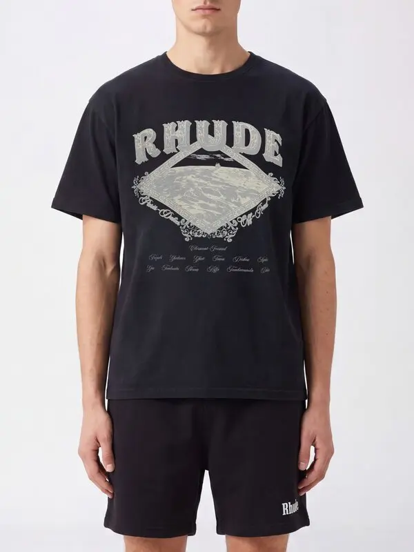 Rhude Regular Fit Crewneck Cotton Logo Print T-shirt With Dropped Shoulders - Black