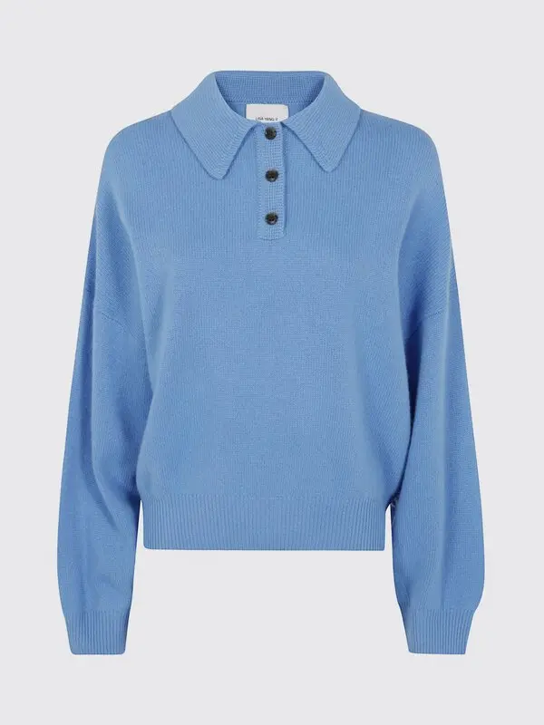 LISA YANG Pure Cashmere Relaxed Fit Long Sleeve Knitted Polo - Blue
