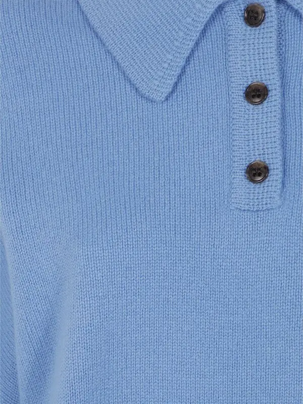 LISA YANG Pure Cashmere Relaxed Fit Long Sleeve Knitted Polo - Blue