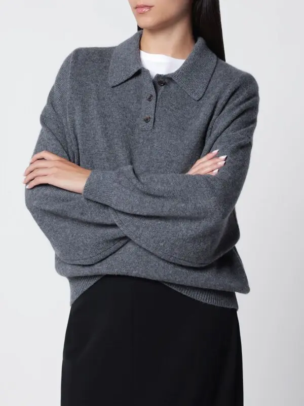 LISA YANG Pure Cashmere Relaxed Fit Long Sleeve Knitted Polo - Grey 1