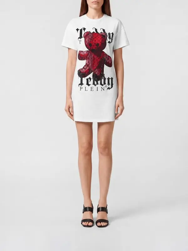 Philipp Plein Slim Fit Teddy Bear Print T-shirt Mini Dress With Rhinestones