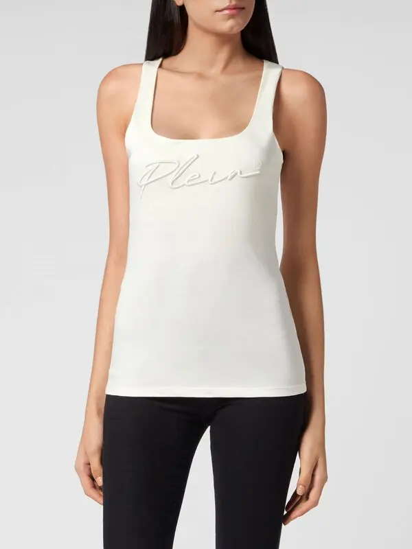 Philipp Plein Slim Fit Square Neck Jersey Tank Top With Embroidered Logo - Ivory