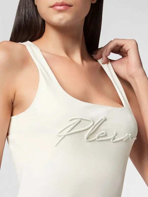 Philipp Plein Slim Fit Square Neck Jersey Tank Top With Embroidered Logo - Ivory