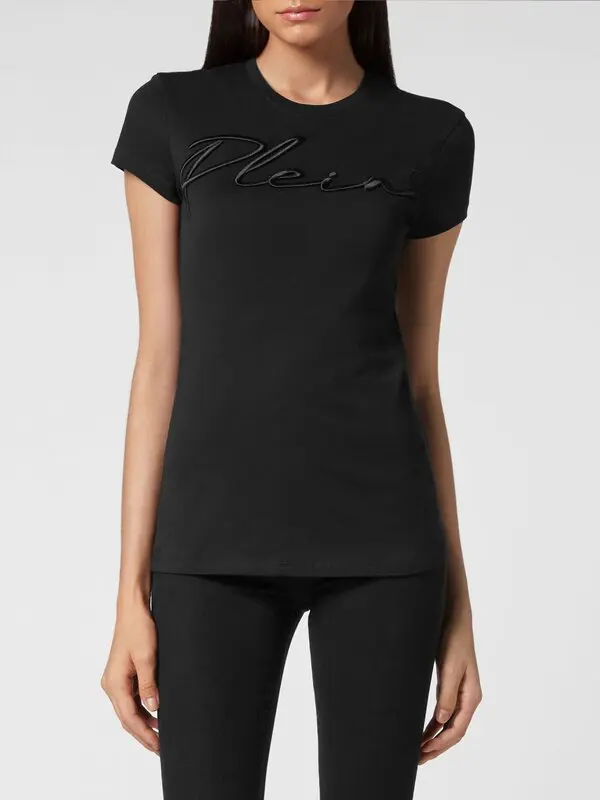 Philipp Plein Slim Fit Jersey Crewneck T-shirt With Tone-on-tone Embroidered Logo - Black