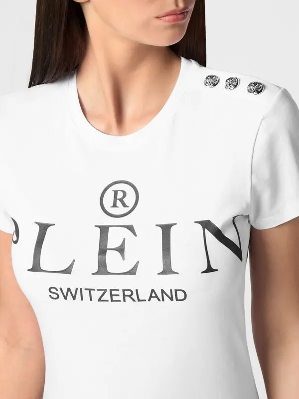 Philipp Plein Slim Fit Jersey Crewneck T-shirt With Contrast Logo And Epaulettes