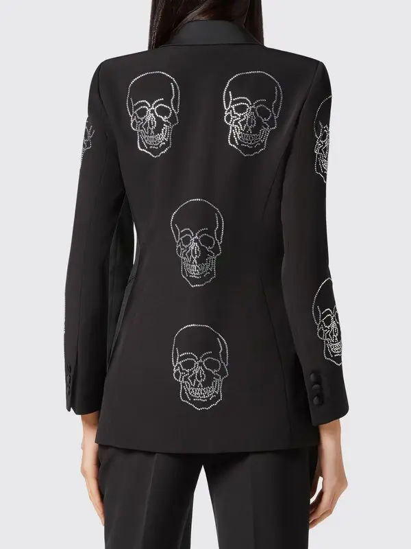 Philipp Plein Slim Fit Single-breasted Cropped Crêpe Blazer With Skull Print And Rhinestones