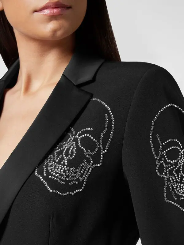 Philipp Plein Slim Fit Single-breasted Cropped Crêpe Blazer With Skull Print And Rhinestones