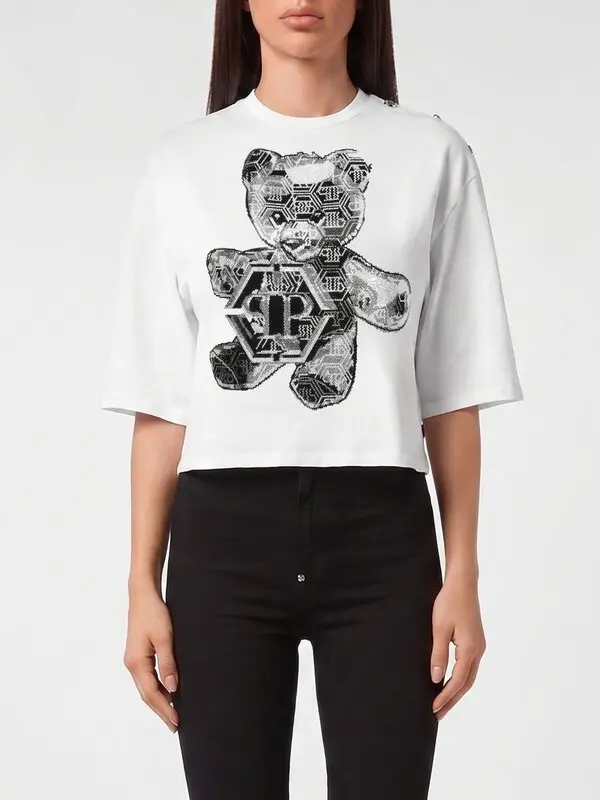 Philipp Plein Jersey T-shirt With Teddy Bear Print And Rhinestone Hexagon Logo
