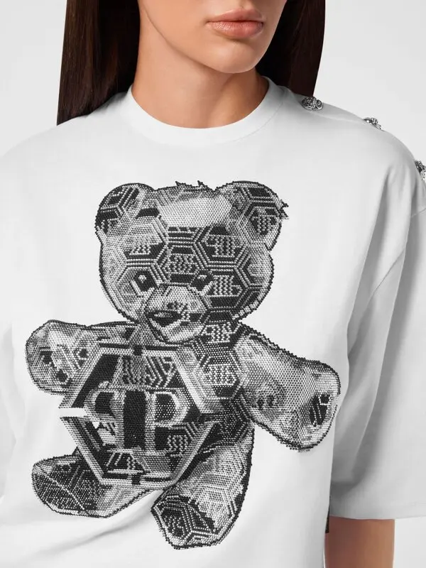 Philipp Plein Jersey T-shirt With Teddy Bear Print And Rhinestone Hexagon Logo