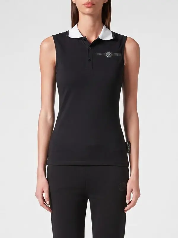 PLEIN SPORT Sleeveless Slim Fit Jersey Polo Shirt With Contrast Logo