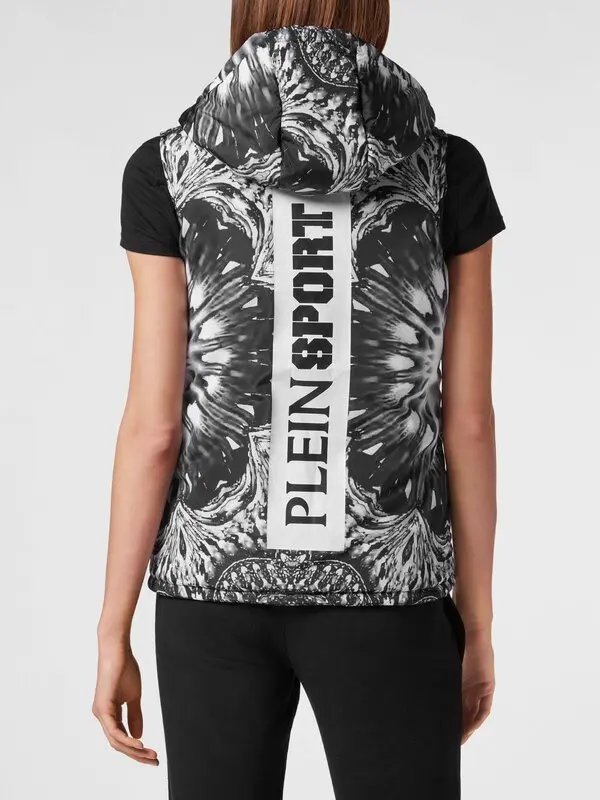 PLEIN SPORT Padded Nylon Gilet With Hood And Graphic Print