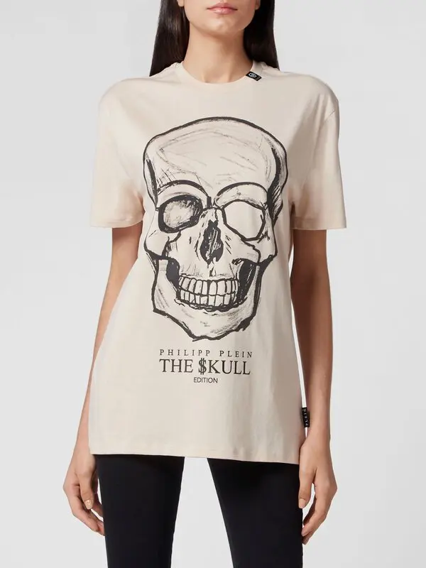 Philipp Plein Skull Jersey T-shirt With Contrast Logo Print - Beige