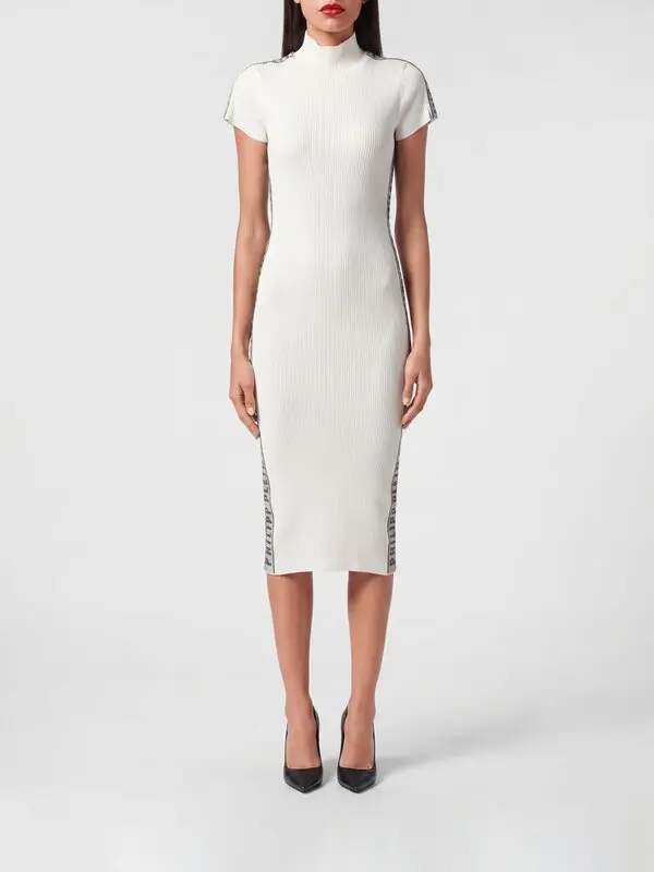 Philipp Plein Ribbed-knit Sheath Midi Dress With Rhinestone Embroidery