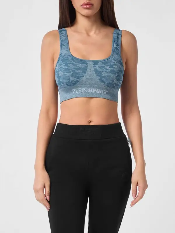 PLEIN SPORT Camouflage Print Cropped Jersey Sports Top With Thin Straps - Grey