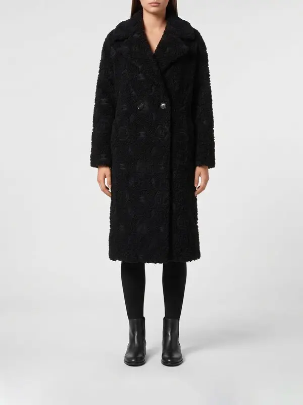 Philipp Plein Double-breasted Faux Fur Coat With Hexagon Logo - Black