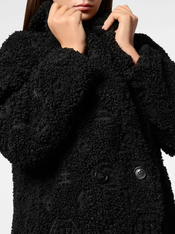 Philipp Plein Double-breasted Faux Fur Coat With Hexagon Logo - Black