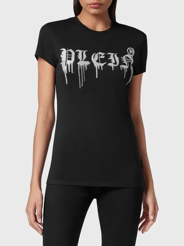 Philipp Plein Gothic Jersey T-shirt With Rhinestone Logo Application - Black
