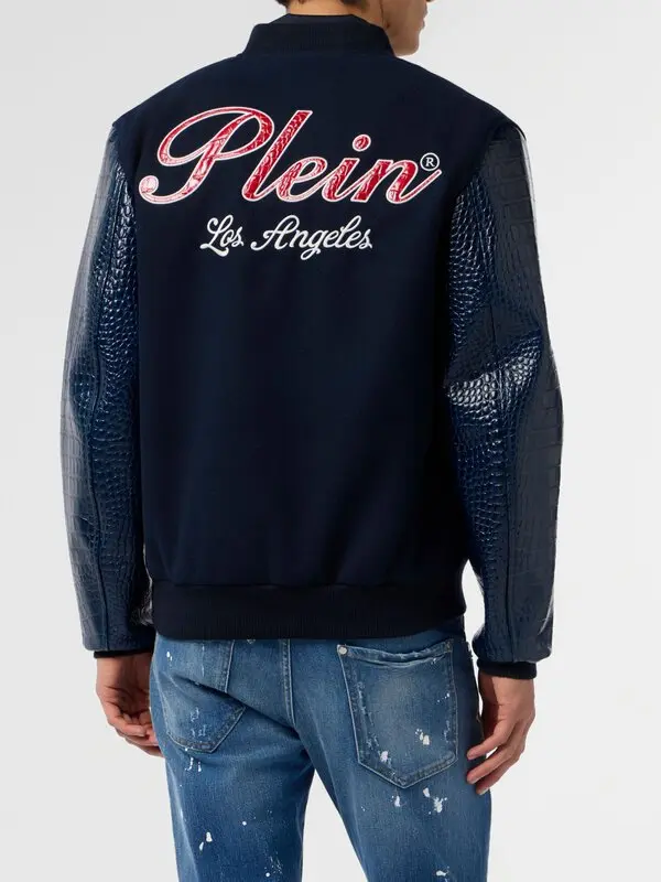 Philipp Plein Wool Cloth Varsity Bomber Jacket With Calfskin Leather Sleeves