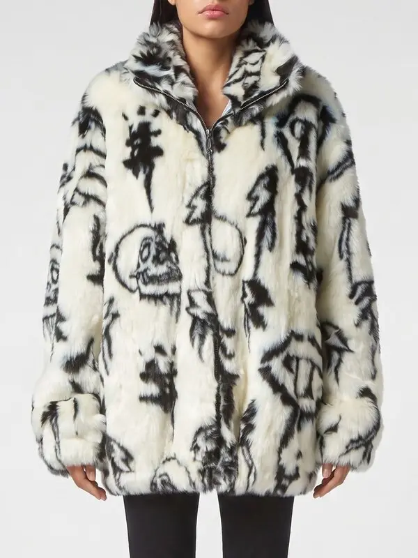Philipp Plein Graphic Print Cropped Faux Fur Jacket With High Neck - Ivory