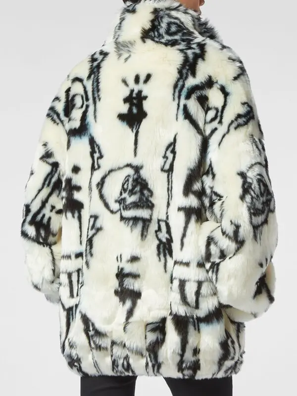 Philipp Plein Graphic Print Cropped Faux Fur Jacket With High Neck - Ivory