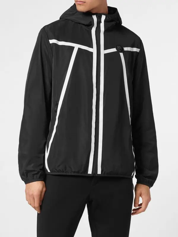 PLEIN SPORT Technical Fabric Hooded Windbreaker Jacket With Sporty Stripes