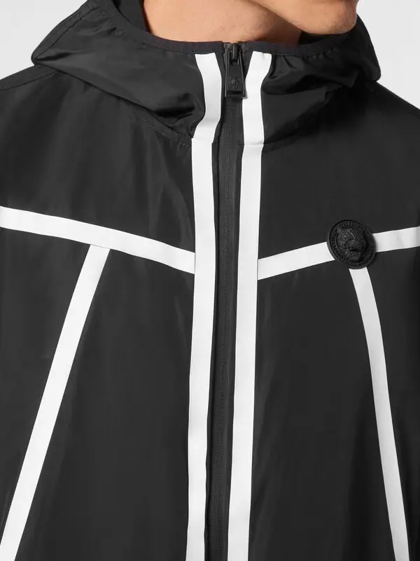 PLEIN SPORT Technical Fabric Hooded Windbreaker Jacket With Sporty Stripes