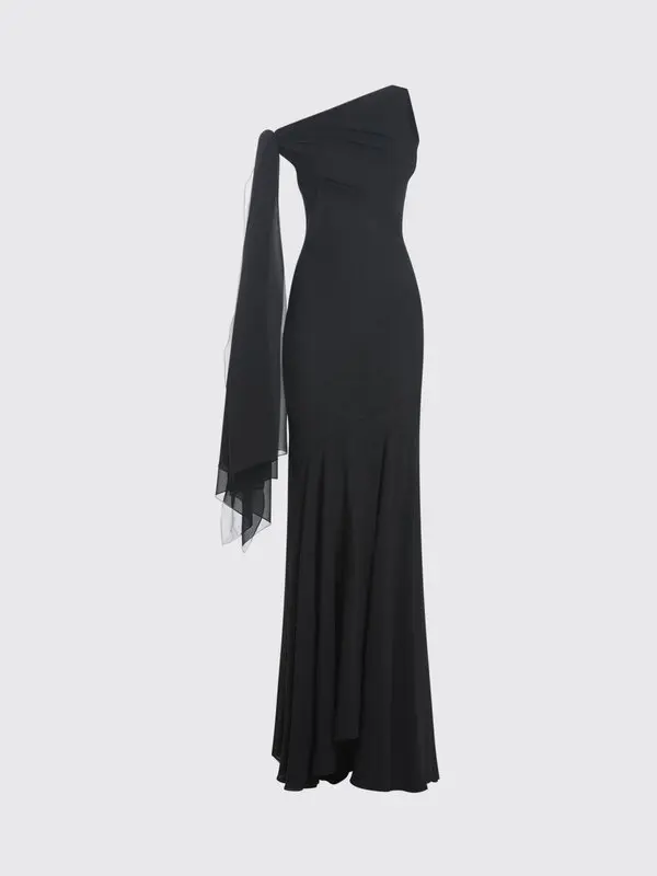 COLLINI MILANO 1937 Desirée One-shoulder Flared Silk Long Evening Gown - Black